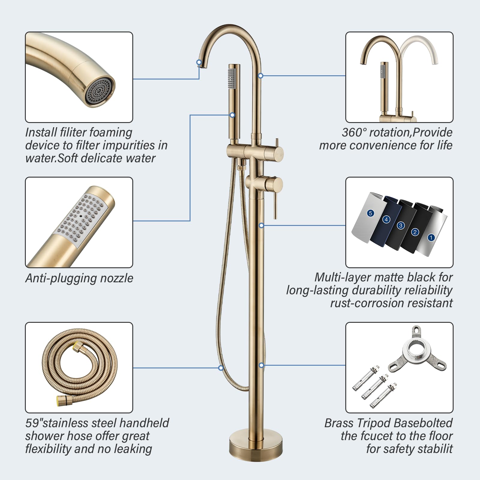 Brushed Gold Freestanding Bathtub Faucet with Hand Shower Tub Filler Faucet Floor Mounted High Flow Single Handle Bath Filler Solid Brass