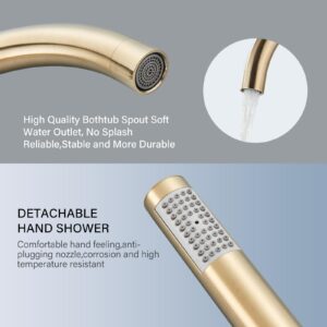 Brushed Gold Freestanding Bathtub Faucet with Hand Shower Tub Filler Faucet Floor Mounted High Flow Single Handle Bath Filler Solid Brass