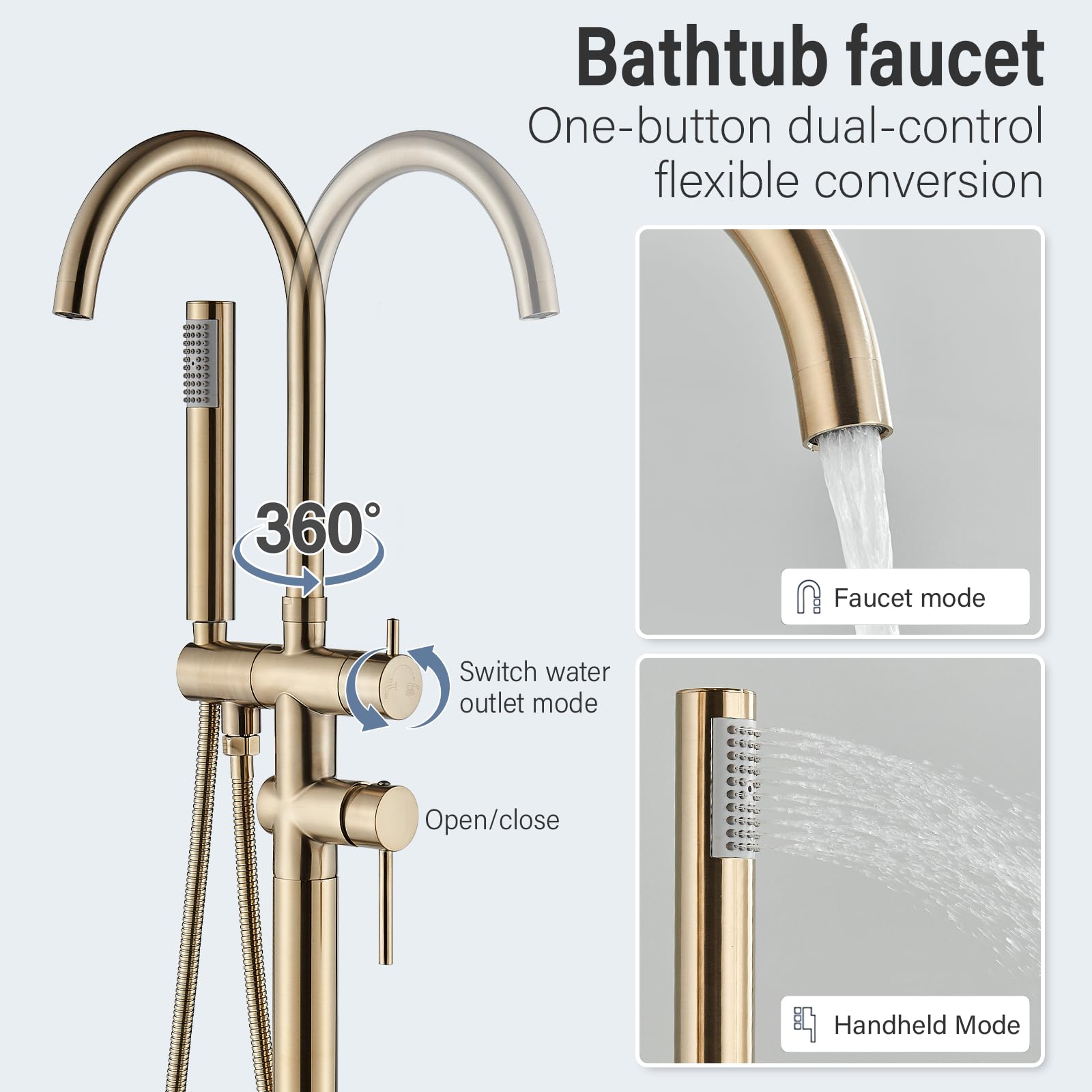 Brushed Gold Freestanding Bathtub Faucet with Hand Shower Tub Filler Faucet Floor Mounted High Flow Single Handle Bath Filler Solid Brass