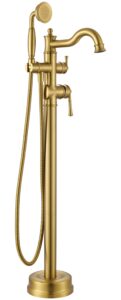 winkear freestanding floor mount tub filler with handheld shower roman bathtub faucet by brushed gold finish, swivel spout with brass rough-in and water hose