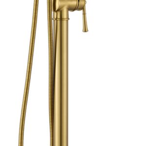 WINKEAR Freestanding Floor Mount Tub Filler with Handheld Shower Roman Bathtub Faucet by Brushed Gold Finish, Swivel Spout with Brass Rough-in and Water Hose