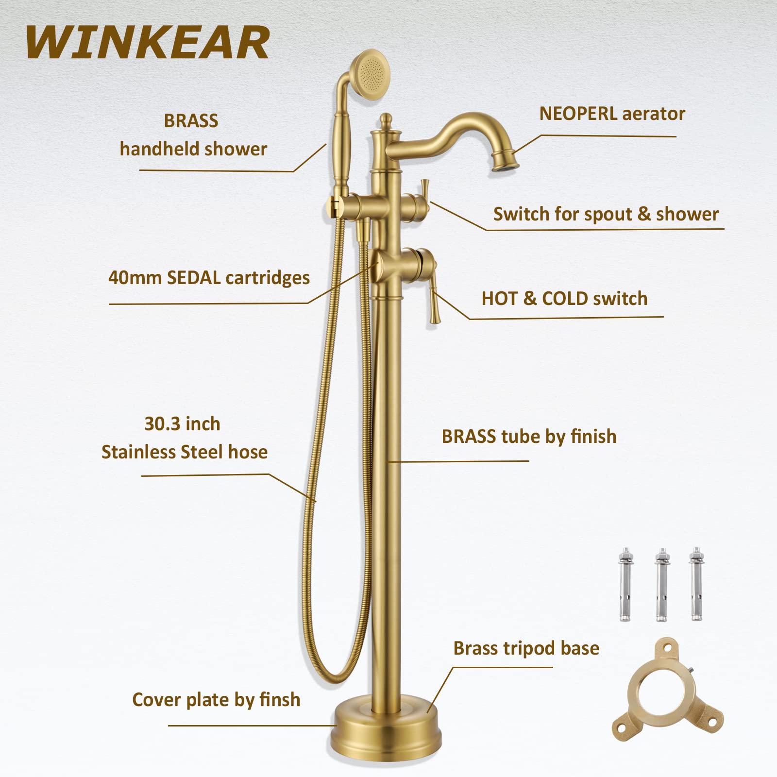 WINKEAR Freestanding Floor Mount Tub Filler with Handheld Shower Roman Bathtub Faucet by Brushed Gold Finish, Swivel Spout with Brass Rough-in and Water Hose