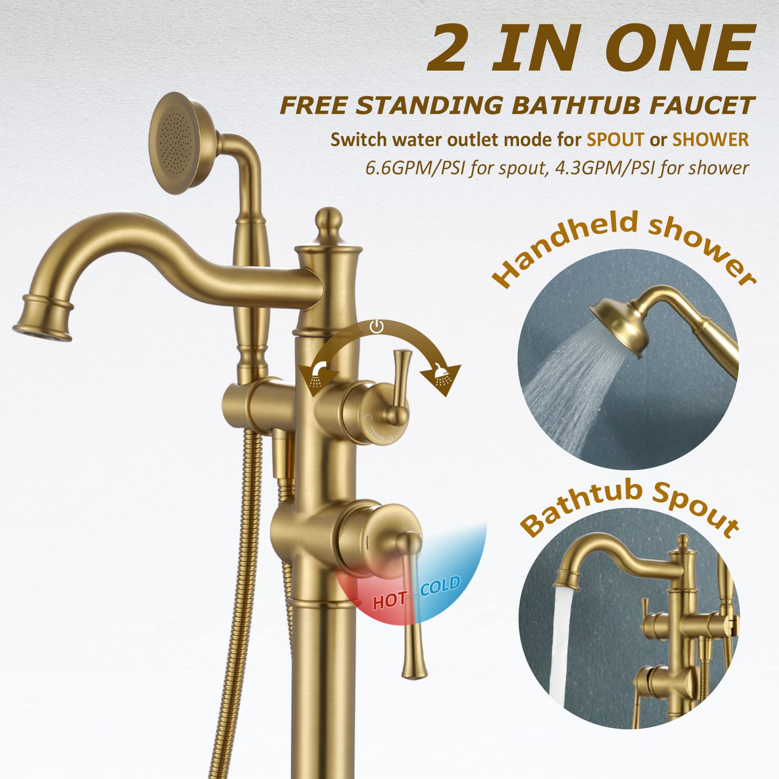 WINKEAR Freestanding Floor Mount Tub Filler with Handheld Shower Roman Bathtub Faucet by Brushed Gold Finish, Swivel Spout with Brass Rough-in and Water Hose