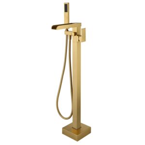 wowkk freestanding bathtub faucet brushed gold waterfall tub filler floor mount brass single handle bathroom faucets with hand shower