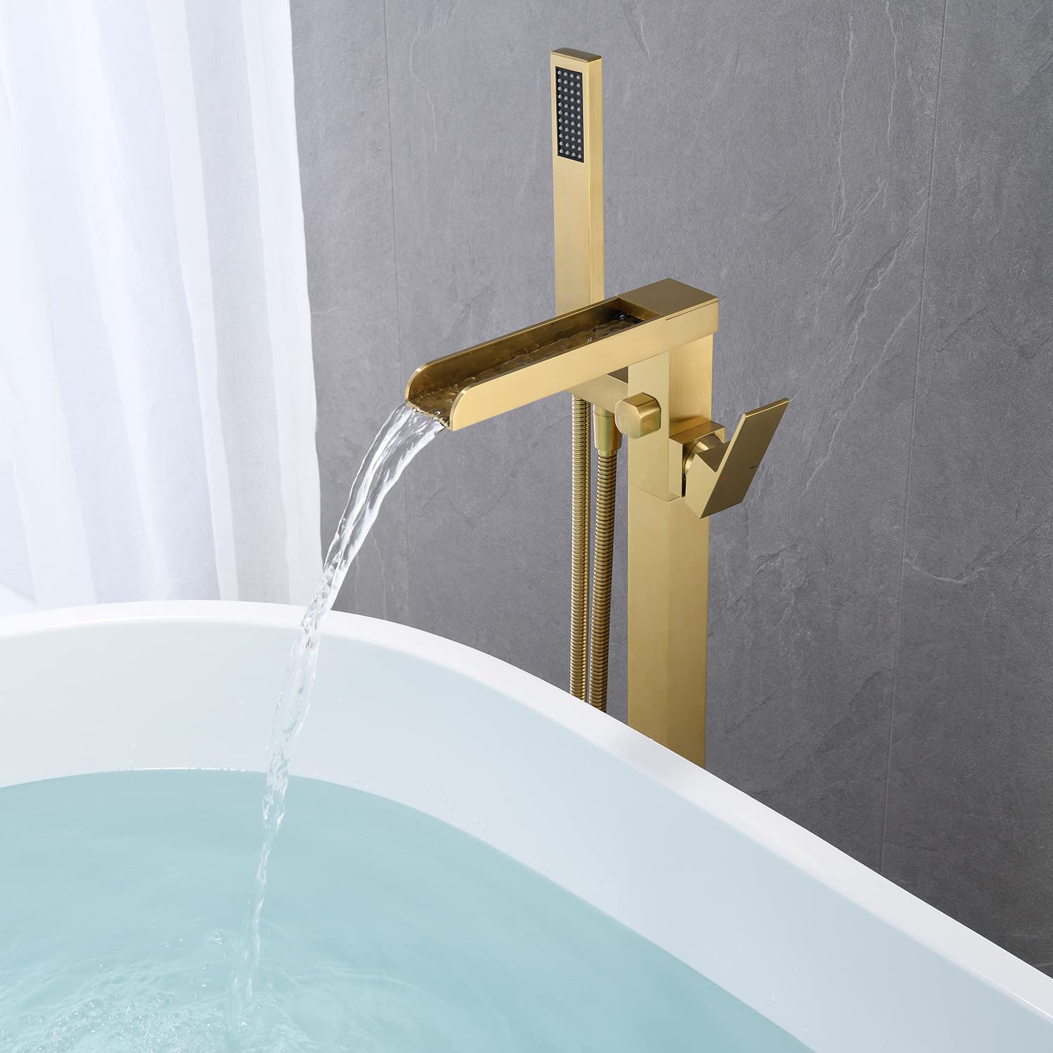 Wowkk Freestanding Bathtub Faucet Brushed Gold Waterfall Tub Filler Floor Mount Brass Single Handle Bathroom Faucets with Hand Shower