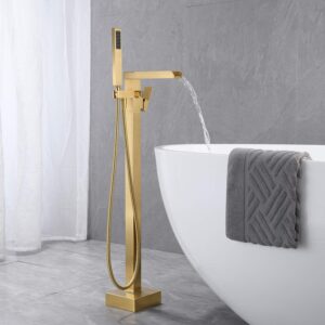 Wowkk Freestanding Bathtub Faucet Brushed Gold Waterfall Tub Filler Floor Mount Brass Single Handle Bathroom Faucets with Hand Shower