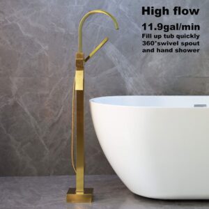 LLGG Freestanding Tub Faucets Brushed Gold Bathtub Fillers Floor Mounted Mount Faucet Filler For Bathtubs Tubs High Flow 11.9GPM Bathroom With Handheld Shower