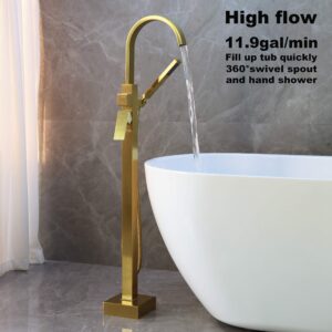 LLGG Freestanding Tub Faucets Brushed Gold Bathtub Fillers Floor Mounted Mount Faucet Filler For Bathtubs Tubs High Flow 11.9GPM Bathroom With Handheld Shower