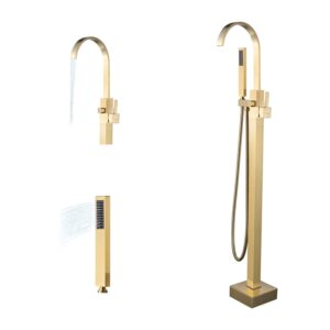 waterfall floor mount freestanding bathtub faucet brushed gold single handle freestanding tub faucet brass tub filler tub shower faucet with hand shower 59in hose bathtub & shower systems jiaenlema