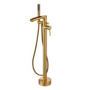 qinkell freestanding tub faucet waterfall bathtub filler brushed gold floor mount brass bathroom faucets with hand shower