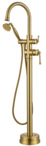 hangoro freestanding tub filler, brush gold floor mount bathtub faucet with brass handheld shower, 360° swivel spout with 59'' water hose, vintage 2-1 function tub faucet for bathroom(b2311-bg)