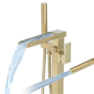 besy freestanding bathtub faucet waterfall tub filler brushed gold floor mount brass single handle bathroom tub faucets with 2 function hand shower wand