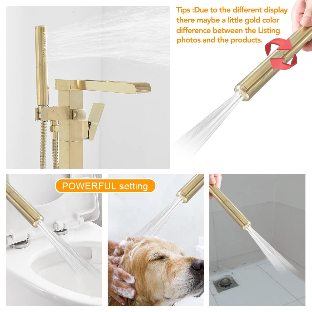 BESy Freestanding Bathtub Faucet Waterfall Tub Filler Brushed Gold Floor Mount Brass Single Handle Bathroom Tub Faucets with 2 Function Hand Shower Wand