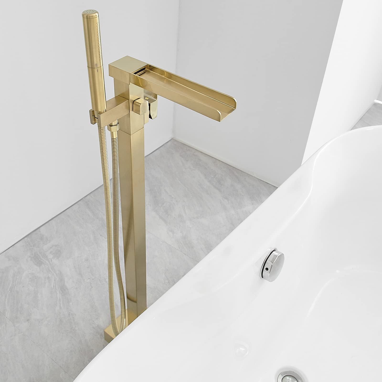 BESy Freestanding Bathtub Faucet Waterfall Tub Filler Brushed Gold Floor Mount Brass Single Handle Bathroom Tub Faucets with 2 Function Hand Shower Wand