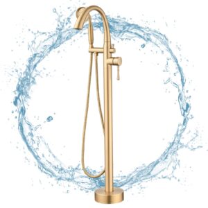 proox freestanding bathtub faucet floor mounted, high flow free standing tub filler with hand sprayer, swivel spout - brushed gold