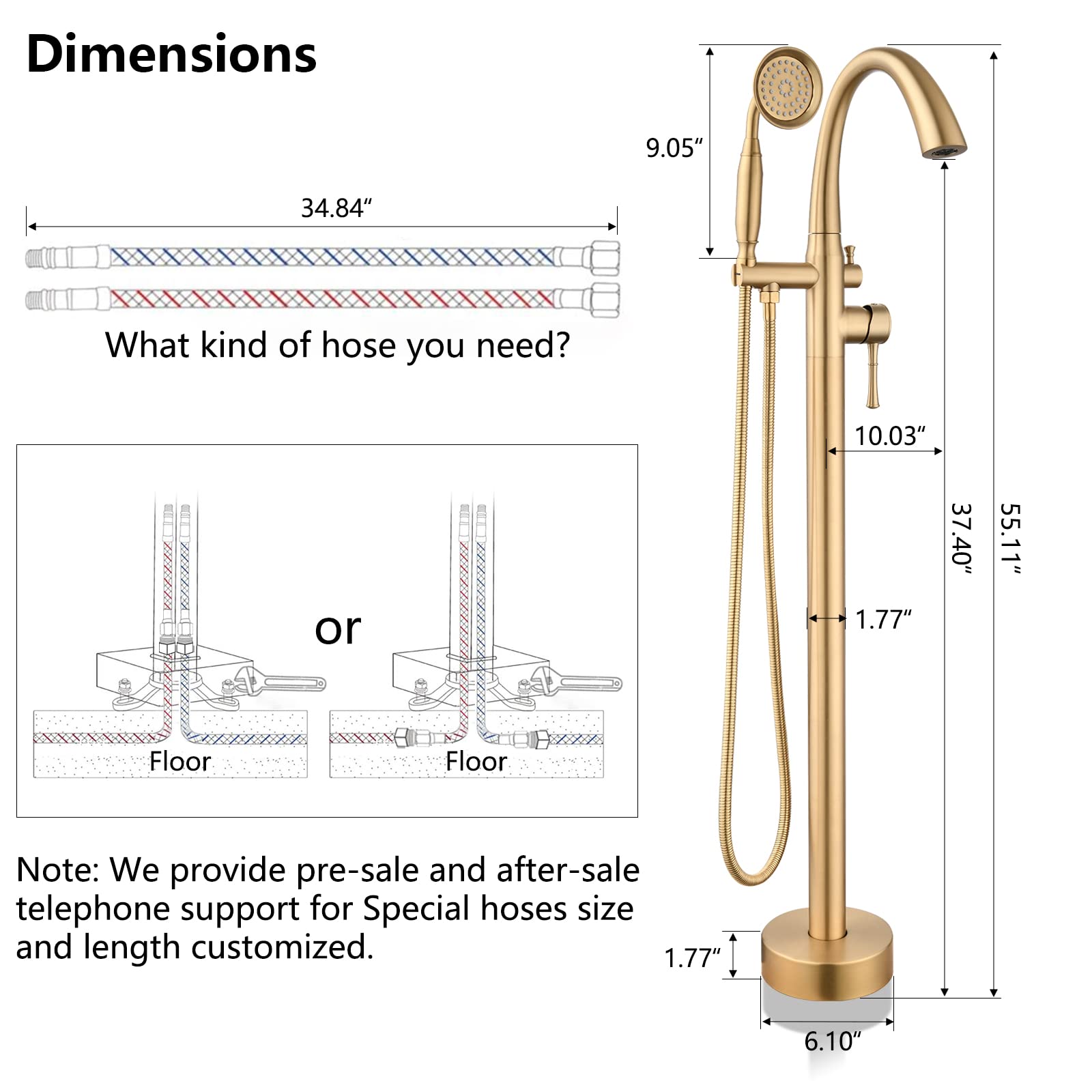 PROOX Freestanding Bathtub Faucet Floor Mounted, High Flow Free Standing Tub Filler with Hand Sprayer, Swivel Spout - Brushed Gold