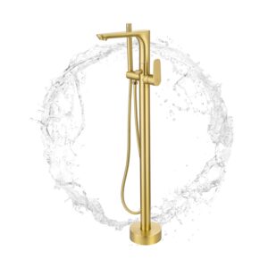 kalog single handle freestanding tub filler floor mount bathtub faucet with handheld shower (brushed gold-g)