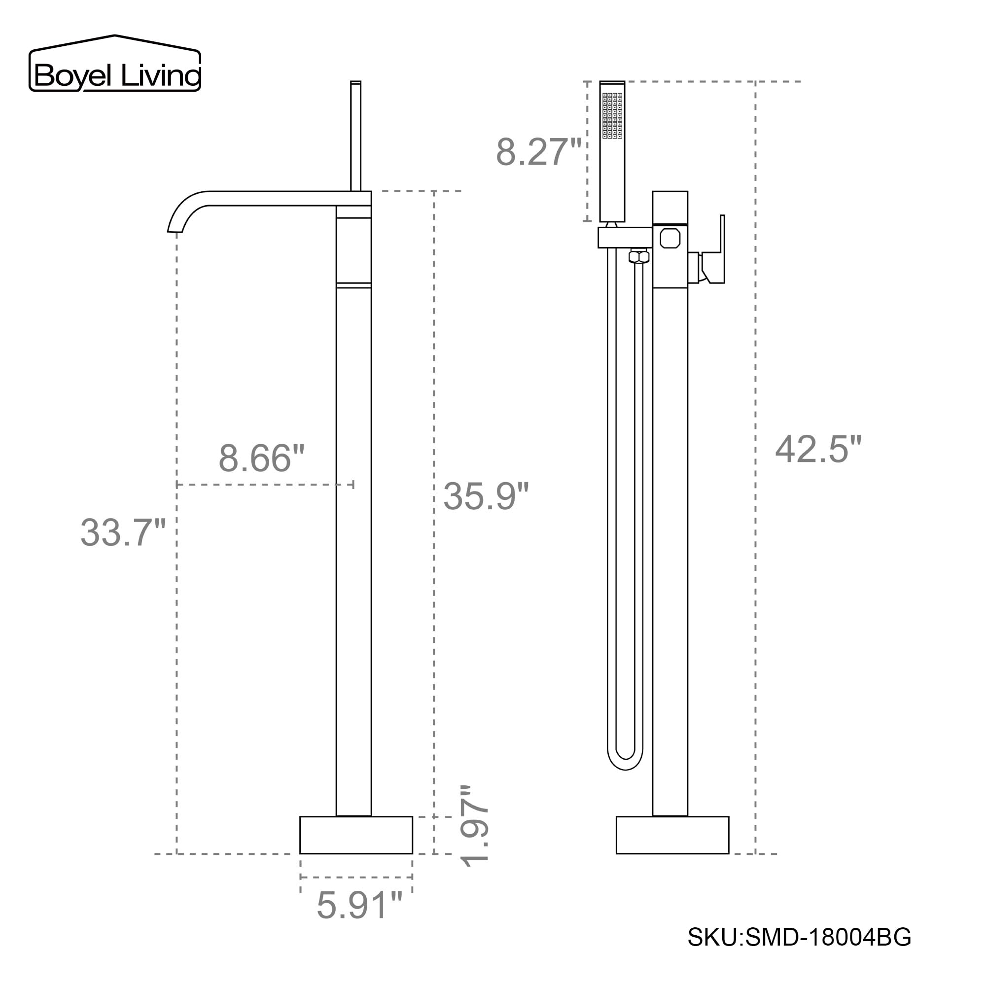 Boyel Living Freestanding Bathtub Faucet Tub Floor Mount Single Handle Filler Faucet with Hand Shower Brushed Gold