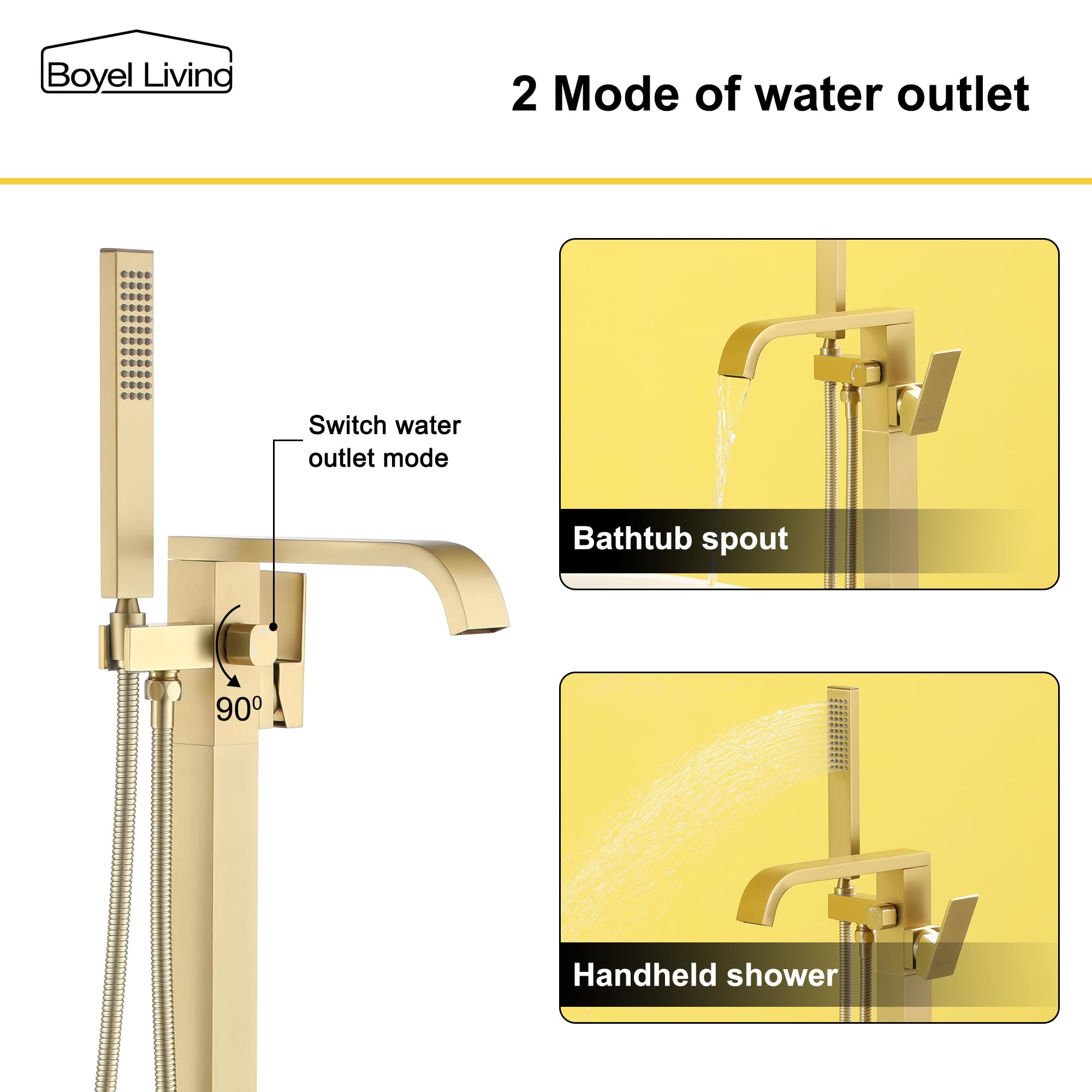 Boyel Living Freestanding Bathtub Faucet Tub Floor Mount Single Handle Filler Faucet with Hand Shower Brushed Gold