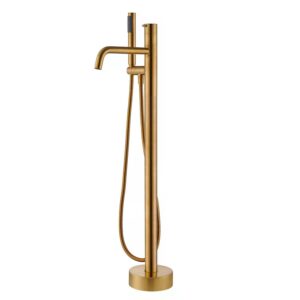 qinkell freestanding bathtub faucet tub filler brushed gold floor mount brass single handle bathroom faucets with hand shower