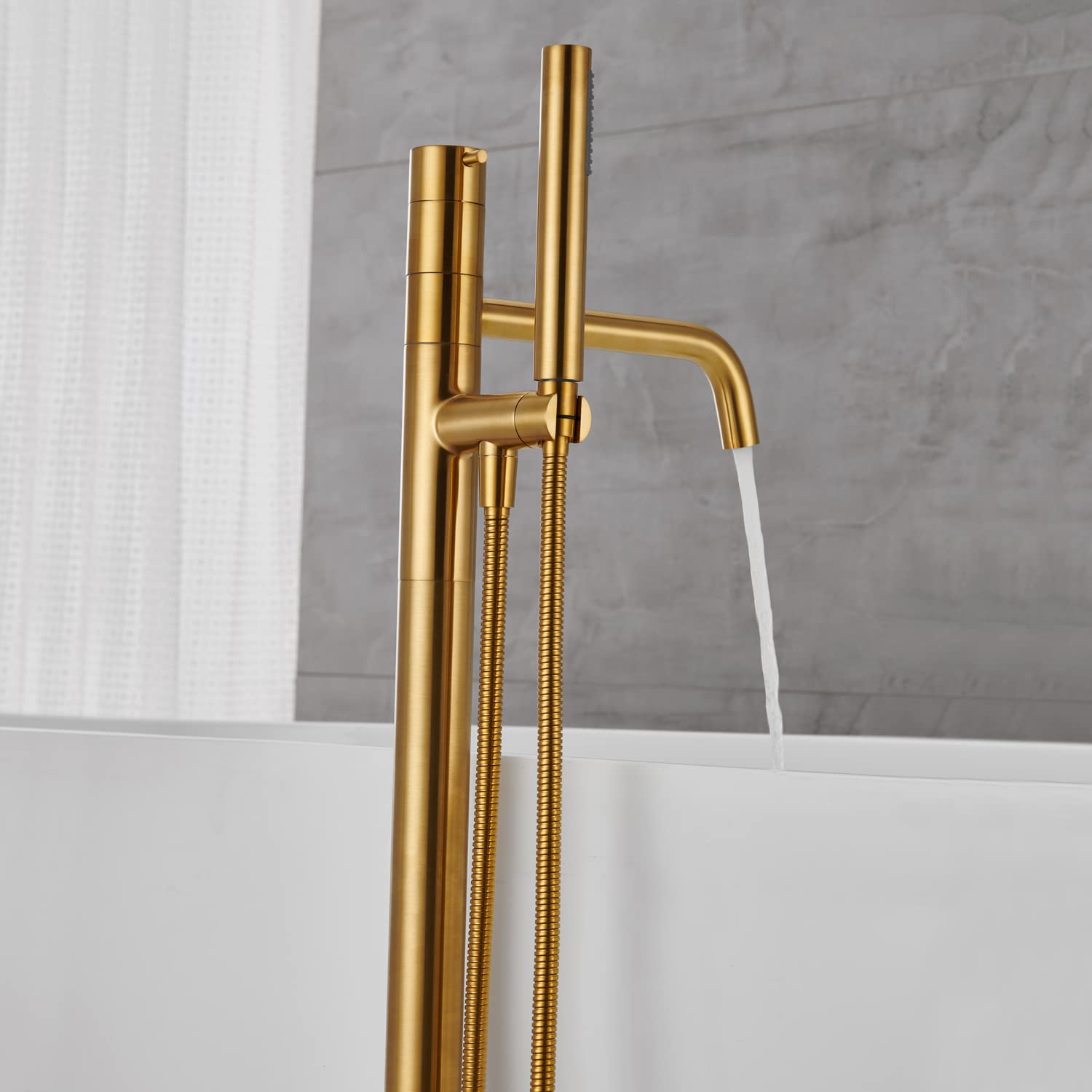 Qinkell Freestanding Bathtub Faucet Tub Filler Brushed Gold Floor Mount Brass Single Handle Bathroom Faucets with Hand Shower