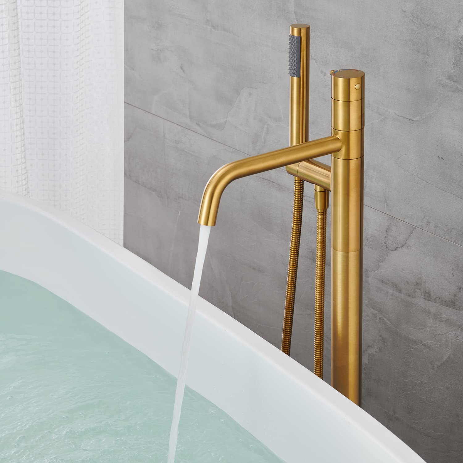 Qinkell Freestanding Bathtub Faucet Tub Filler Brushed Gold Floor Mount Brass Single Handle Bathroom Faucets with Hand Shower