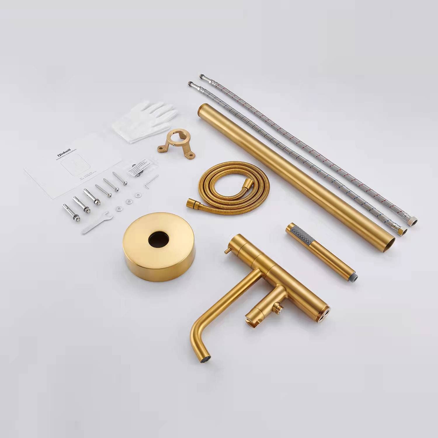 Qinkell Freestanding Bathtub Faucet Tub Filler Brushed Gold Floor Mount Brass Single Handle Bathroom Faucets with Hand Shower