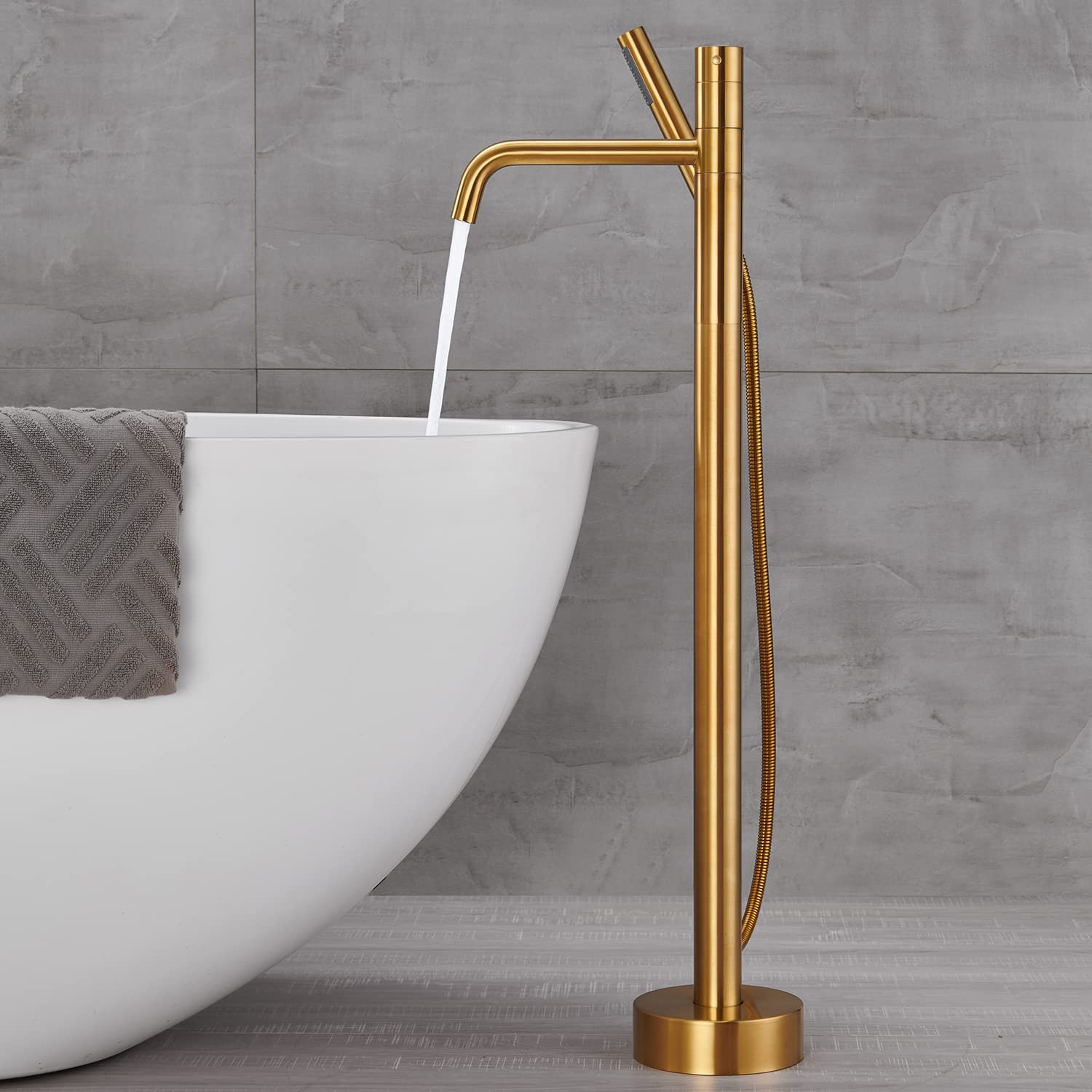 Qinkell Freestanding Bathtub Faucet Tub Filler Brushed Gold Floor Mount Brass Single Handle Bathroom Faucets with Hand Shower