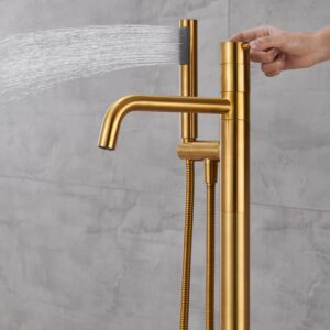 Qinkell Freestanding Bathtub Faucet Tub Filler Brushed Gold Floor Mount Brass Single Handle Bathroom Faucets with Hand Shower