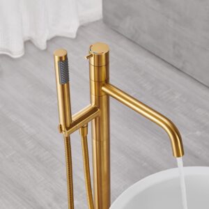 Qinkell Freestanding Bathtub Faucet Tub Filler Brushed Gold Floor Mount Brass Single Handle Bathroom Faucets with Hand Shower