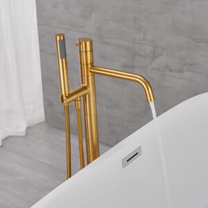 Qinkell Freestanding Bathtub Faucet Tub Filler Brushed Gold Floor Mount Brass Single Handle Bathroom Faucets with Hand Shower