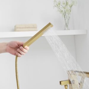 Freestanding Bathtub Faucet Brushed Gold Waterfall Bathtub Faucet Floor Mount Tub Filler Single Handle Bathtub Shower Faucets with Hand Shower Swivel Spout Brass Mixer Tap by BWE