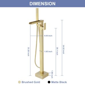 Freestanding Bathtub Faucet Brushed Gold Waterfall Bathtub Faucet Floor Mount Tub Filler Single Handle Bathtub Shower Faucets with Hand Shower Swivel Spout Brass Mixer Tap by BWE