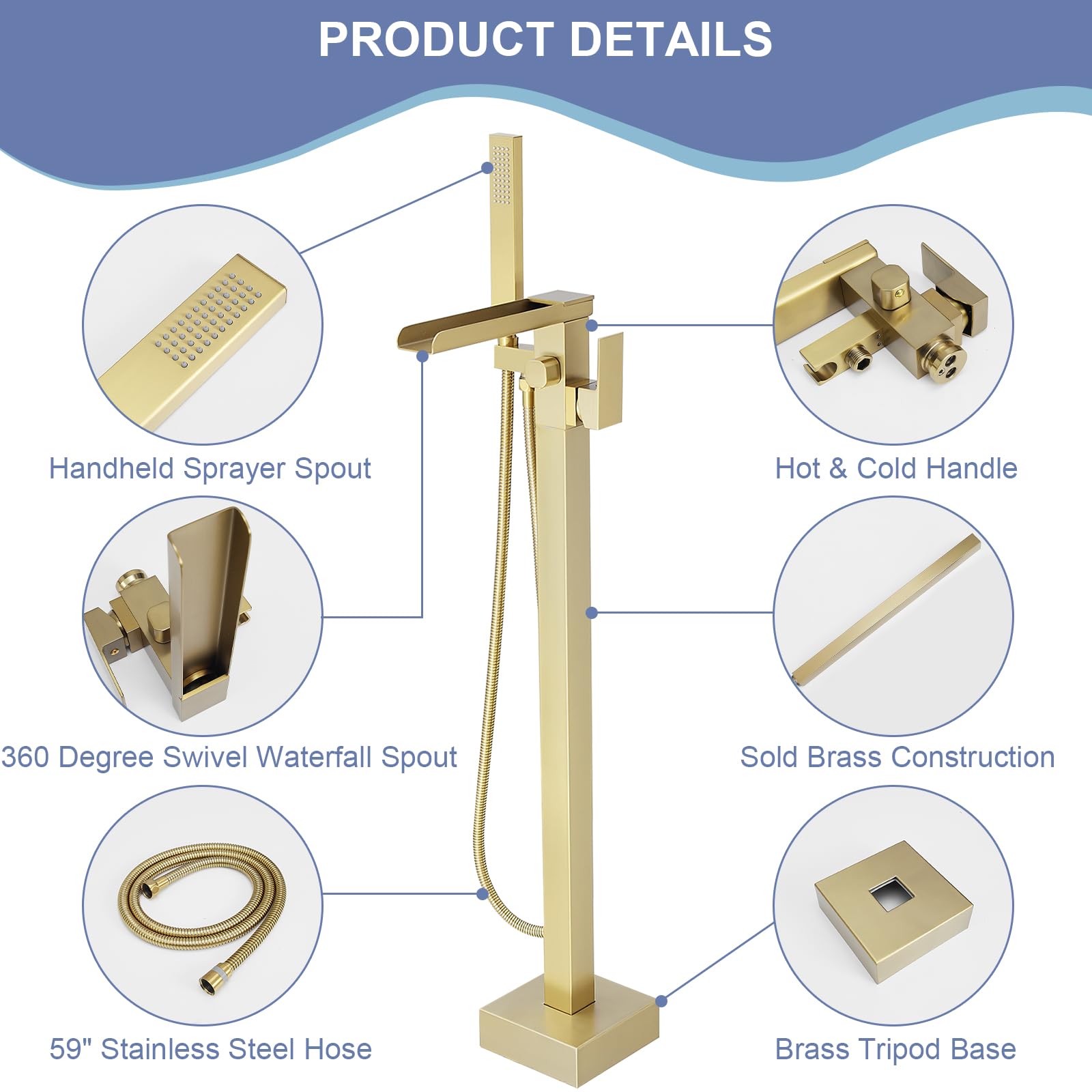 Freestanding Bathtub Faucet Brushed Gold Waterfall Bathtub Faucet Floor Mount Tub Filler Single Handle Bathtub Shower Faucets with Hand Shower Swivel Spout Brass Mixer Tap by BWE