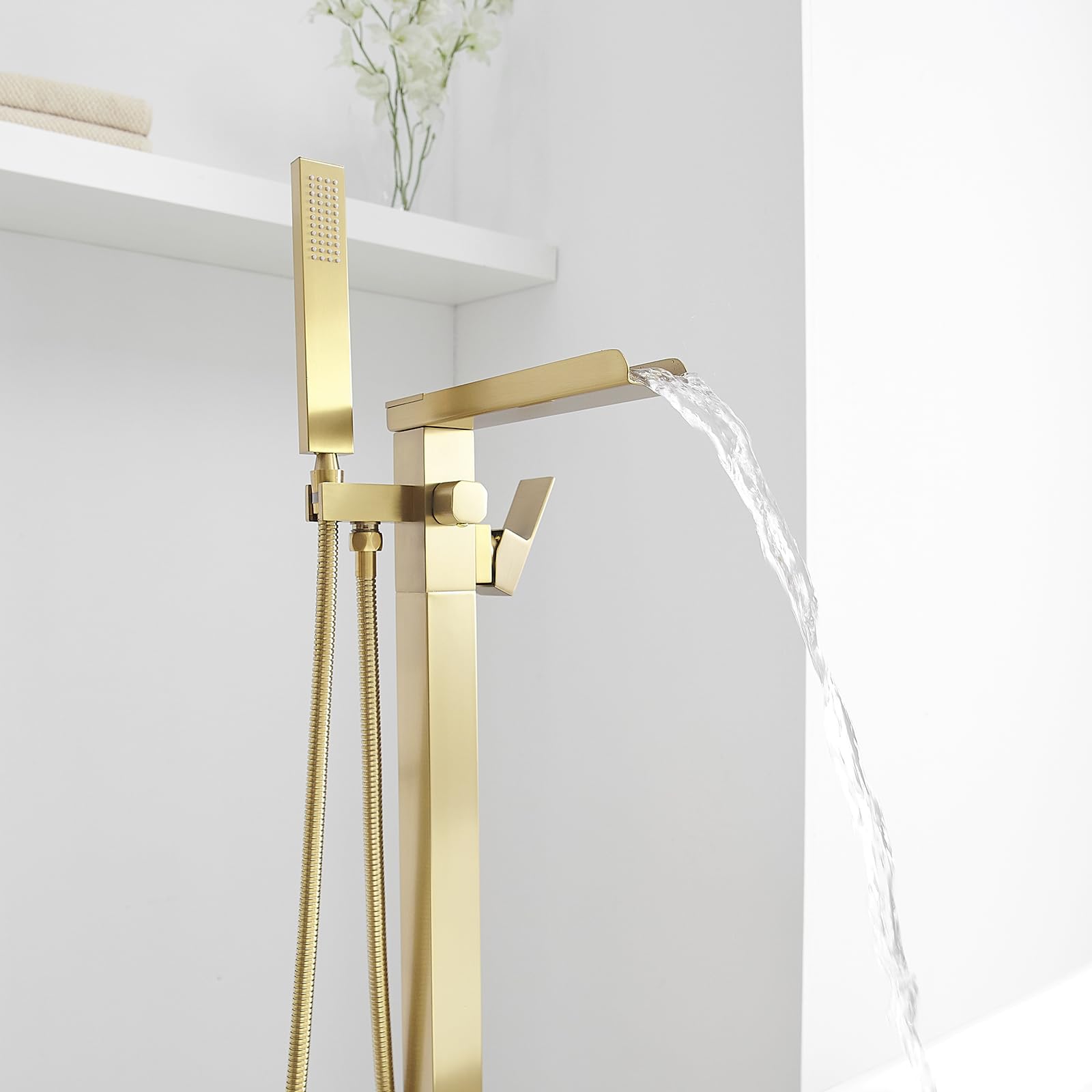 Freestanding Bathtub Faucet Brushed Gold Waterfall Bathtub Faucet Floor Mount Tub Filler Single Handle Bathtub Shower Faucets with Hand Shower Swivel Spout Brass Mixer Tap by BWE