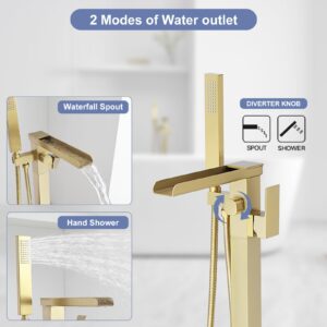 Freestanding Bathtub Faucet Brushed Gold Waterfall Bathtub Faucet Floor Mount Tub Filler Single Handle Bathtub Shower Faucets with Hand Shower Swivel Spout Brass Mixer Tap by BWE