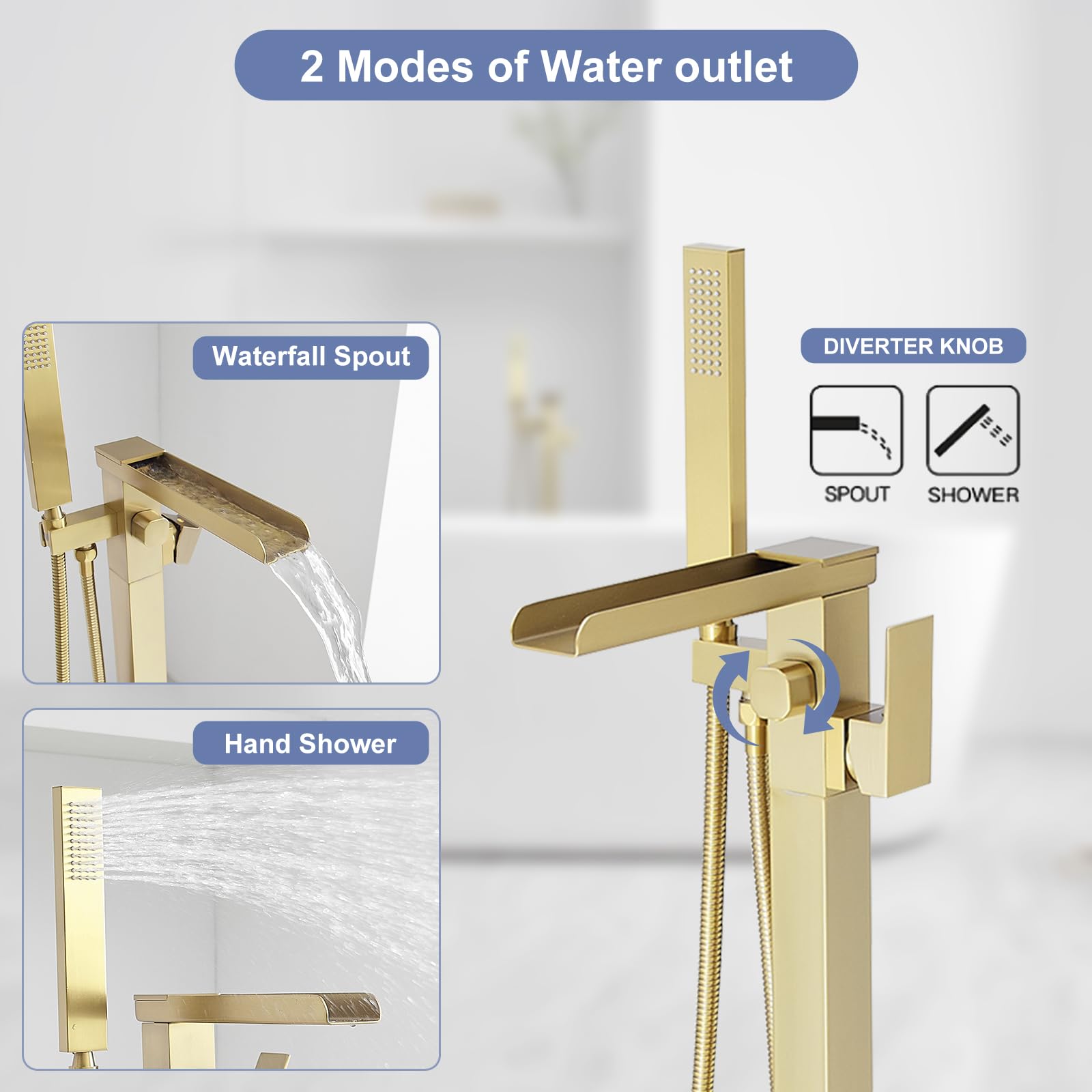 Freestanding Bathtub Faucet Brushed Gold Waterfall Bathtub Faucet Floor Mount Tub Filler Single Handle Bathtub Shower Faucets with Hand Shower Swivel Spout Brass Mixer Tap by BWE