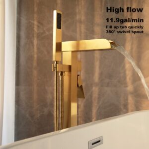 LLGG Freestanding Bathtub Faucet Tub Filler Brushed Gold Waterfall High Flow Rate 11.9GAL Floor Mounted Bathroom Mount Faucets with Hand Shower LLGG