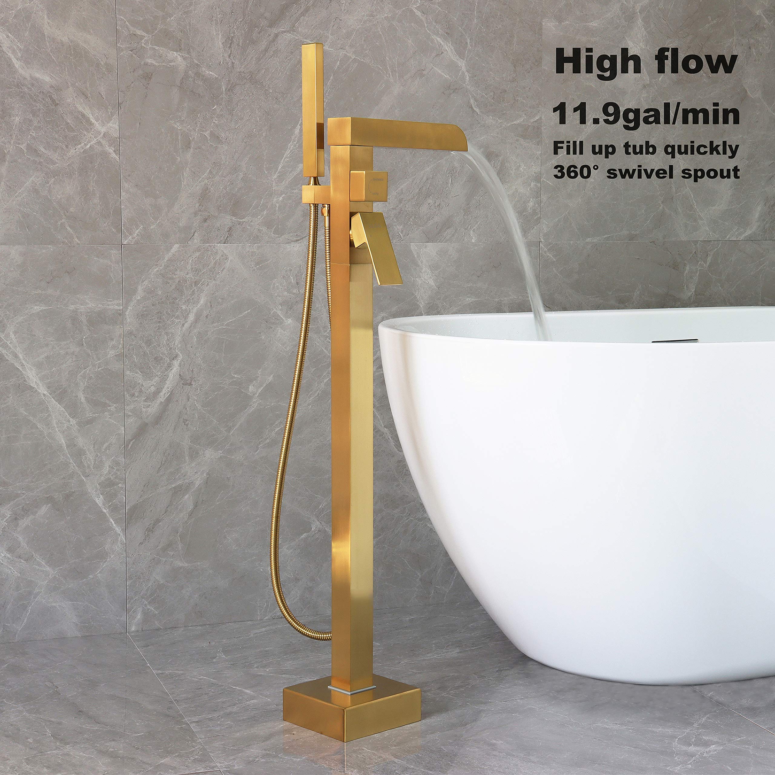 LLGG Freestanding Bathtub Faucet Tub Filler Brushed Gold Waterfall High Flow Rate 11.9GAL Floor Mounted Bathroom Mount Faucets with Hand Shower LLGG