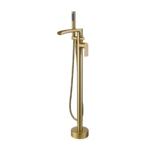 TapLong Waterfall Freestanding Bathtub Faucet Set Single Handle Floor Mount Tub Filler with Hand Shower High Flow Rate Max 6 GPM, Brushed Gold, 51019BG