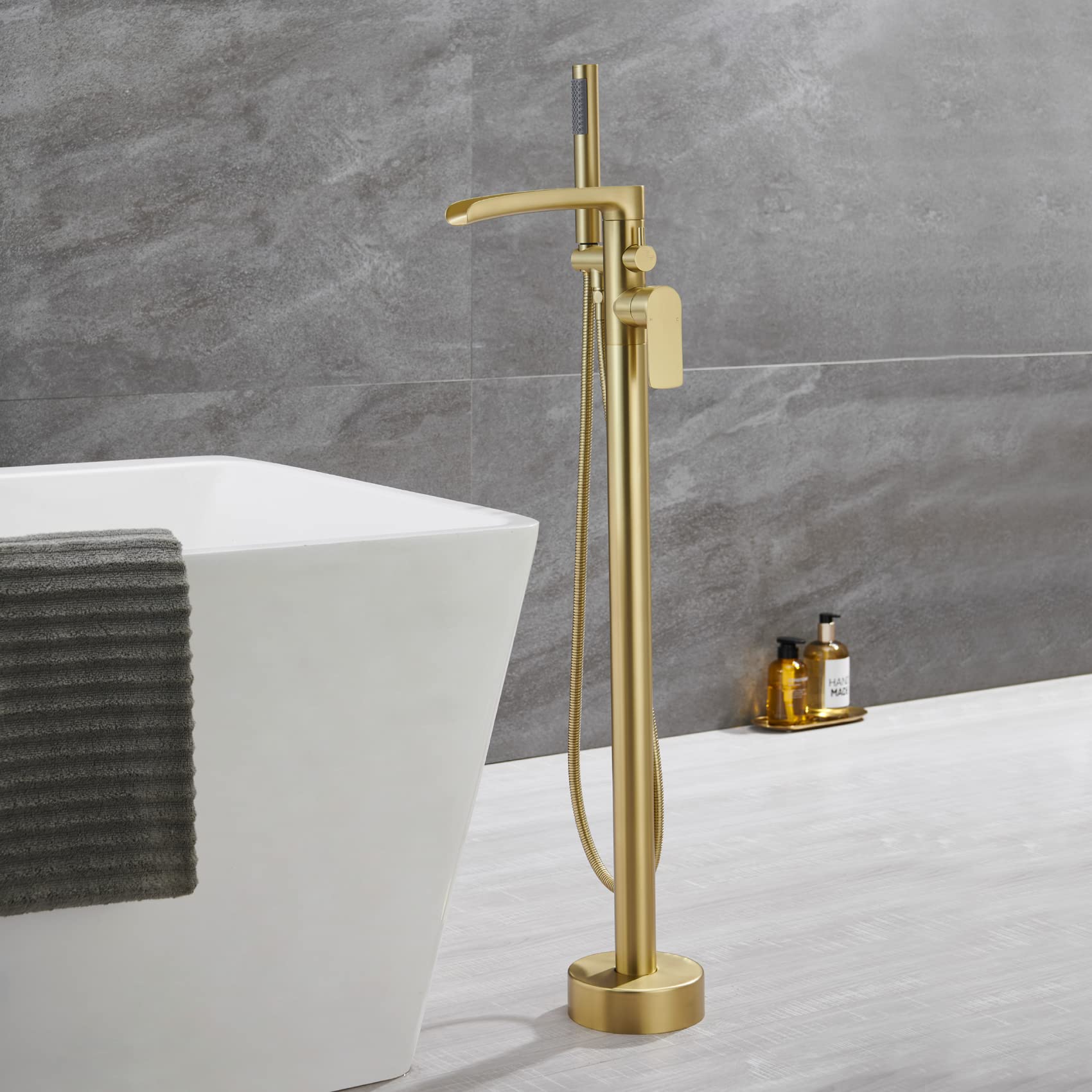 TapLong Waterfall Freestanding Bathtub Faucet Set Single Handle Floor Mount Tub Filler with Hand Shower High Flow Rate Max 6 GPM, Brushed Gold, 51019BG