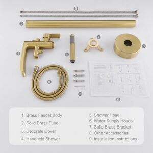 TapLong Waterfall Freestanding Bathtub Faucet Set Single Handle Floor Mount Tub Filler with Hand Shower High Flow Rate Max 6 GPM, Brushed Gold, 51019BG