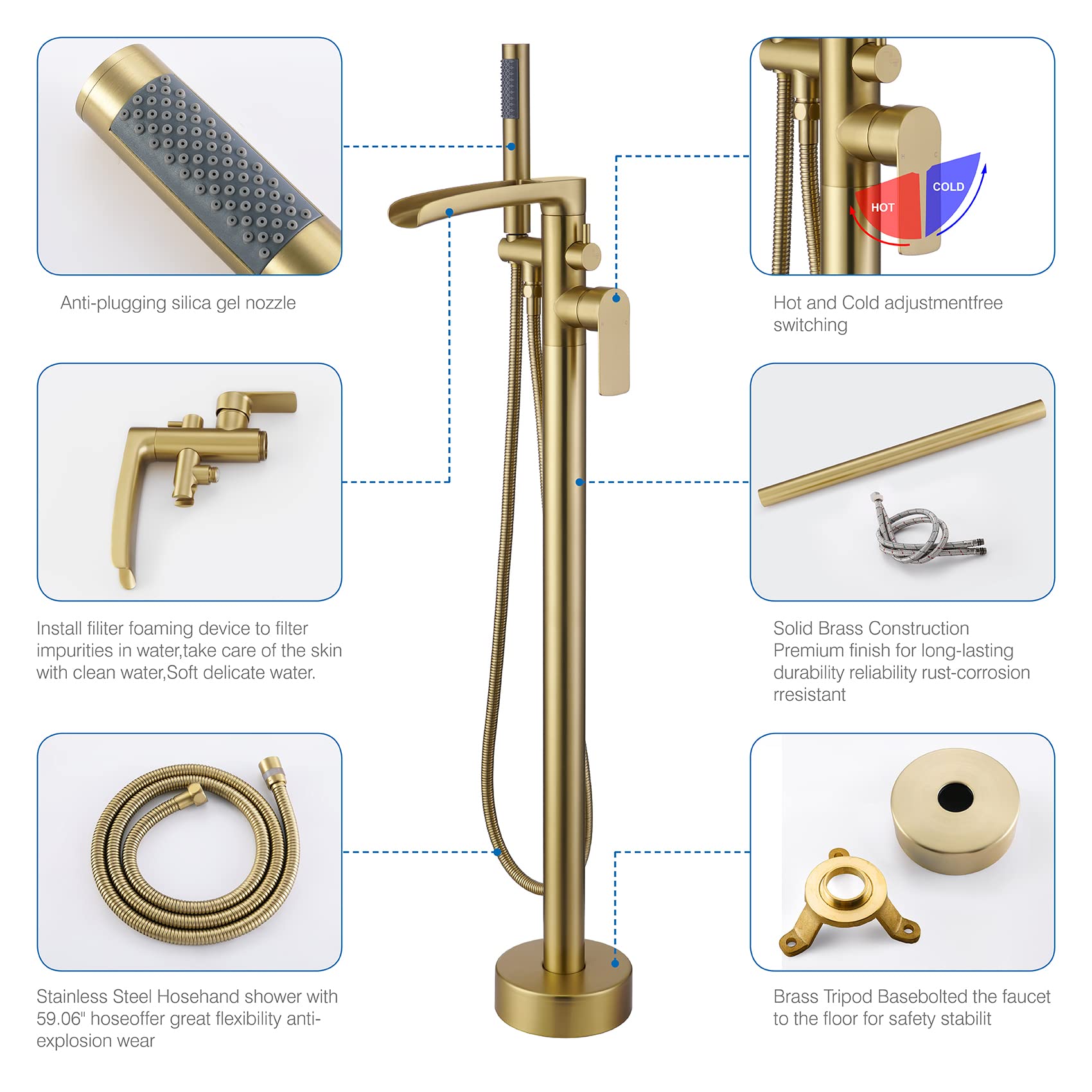 TapLong Waterfall Freestanding Bathtub Faucet Set Single Handle Floor Mount Tub Filler with Hand Shower High Flow Rate Max 6 GPM, Brushed Gold, 51019BG