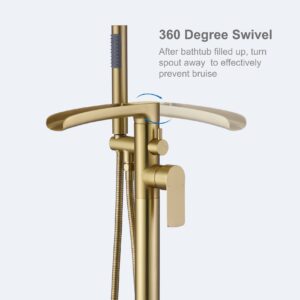 TapLong Waterfall Freestanding Bathtub Faucet Set Single Handle Floor Mount Tub Filler with Hand Shower High Flow Rate Max 6 GPM, Brushed Gold, 51019BG