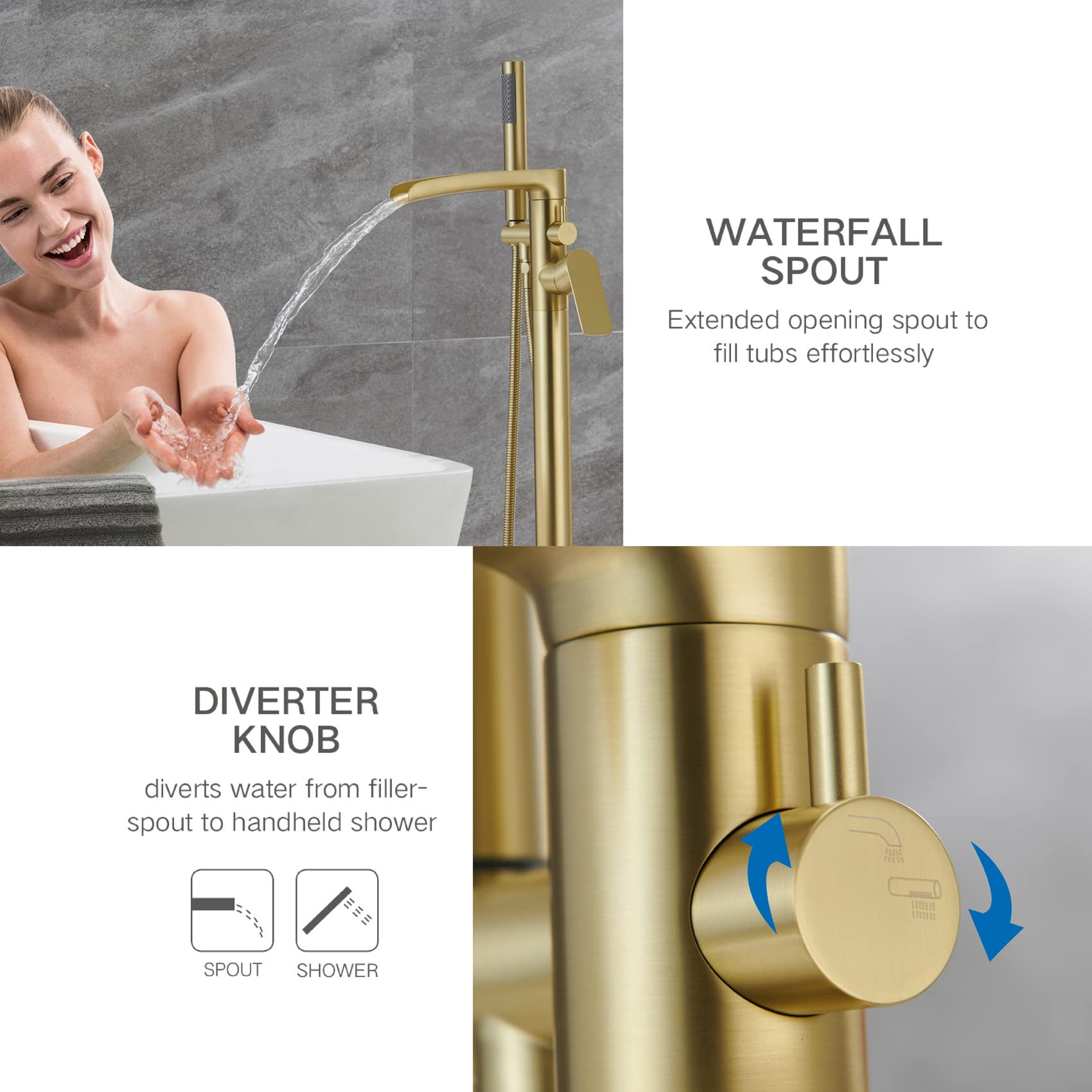 TapLong Waterfall Freestanding Bathtub Faucet Set Single Handle Floor Mount Tub Filler with Hand Shower High Flow Rate Max 6 GPM, Brushed Gold, 51019BG