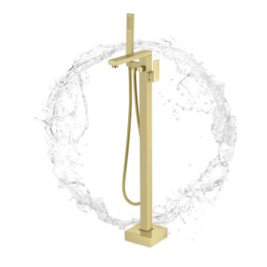 kalog single handle freestanding tub filler floor mount bathtub faucet with square handheld shower (brushed gold-e)