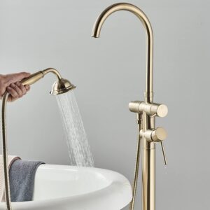 Freestanding Tub Filler Bathtub Faucet Brushed Gold Floor Mounted Brass Faucets with Handheld Shower