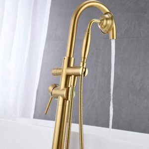 Freestanding Tub Filler Bathtub Faucet Brushed Gold Floor Mounted Brass Faucets with Handheld Shower