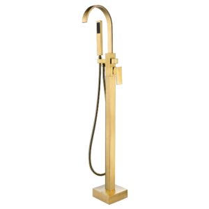 sevenfalls 8018 floor mount freestanding bathtub faucet single handle tub filler with handheld shower, brushed gold