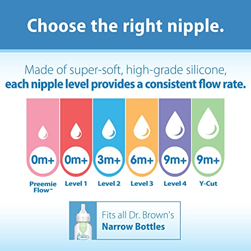 Dr. Brown’s Natural Flow Level 1 Narrow Baby Bottle Silicone Nipple, Slow Flow, 0m+, 100% Silicone Bottle Nipple, 6 Count (Pack of 1)